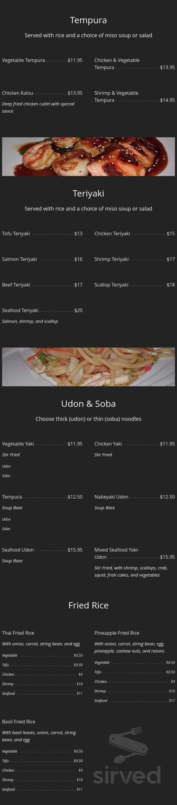 Oyama Japanese And Thai menu in Tolland, Connecticut, USA