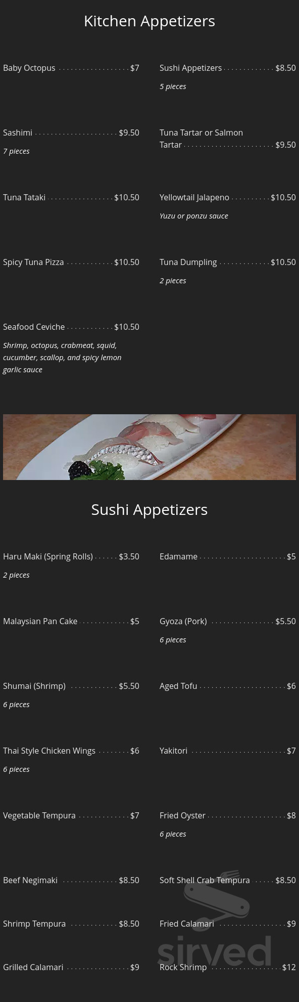 Oyama Japanese And Thai menu in Tolland, Connecticut, USA