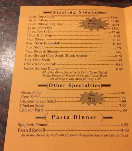 G & D Steakhouse menu in Columbia, Missouri, USA