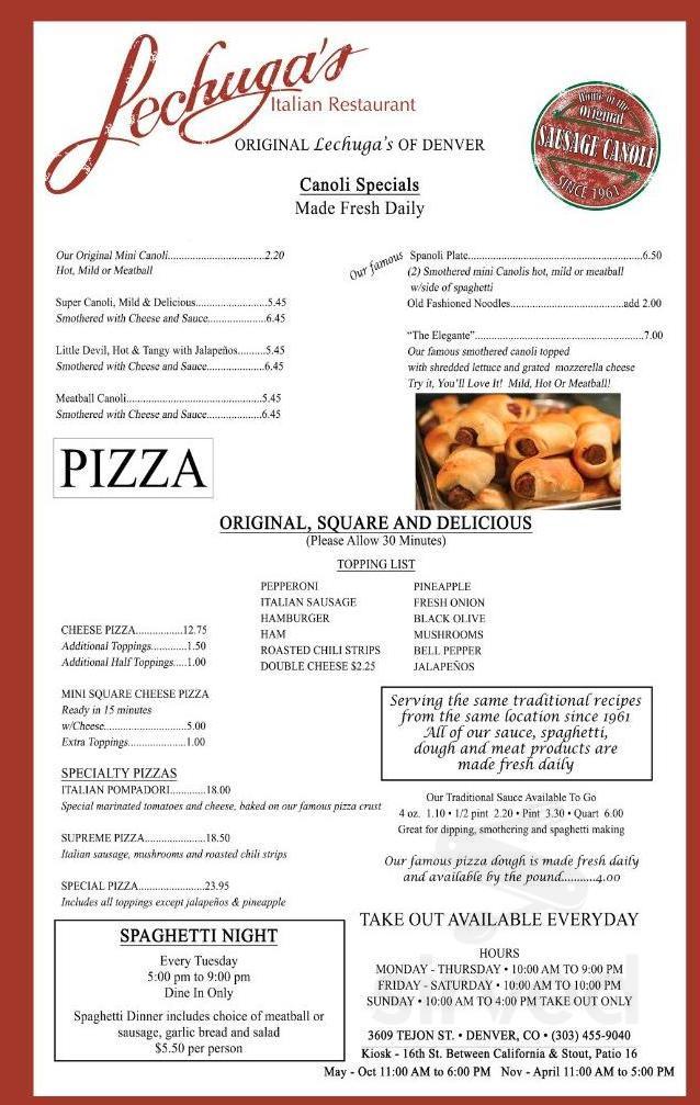 Menu for Lechuga's Italian Restaurant in Denver, CO | Sirved