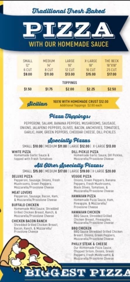 Menu for Beck's Pizza in Perryopolis, PA | Sirved