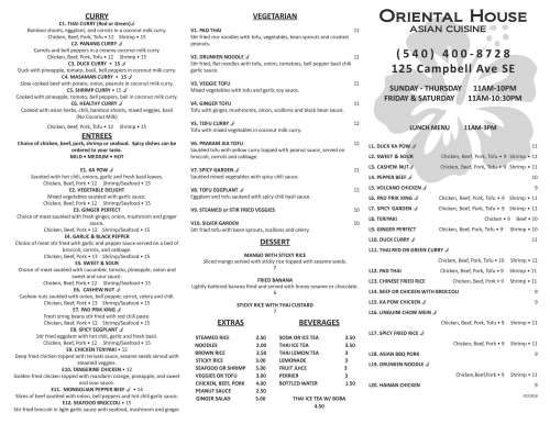 Oriental House menu in Roanoke, Virginia, USA
