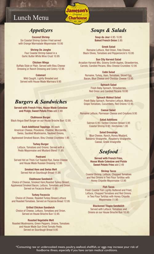 Jameson's Charhouse menu in Huntley, Illinois, USA