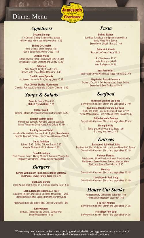 Jameson's Charhouse menu in Huntley, Illinois, USA