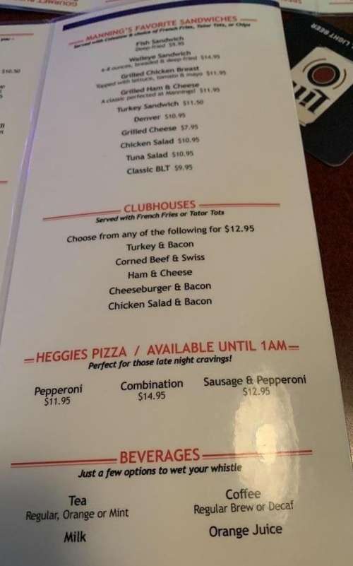 Manning's Restaurant & Bar menu in Minneapolis, Minnesota, USA