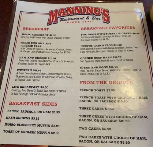 Manning's Restaurant & Bar menu in Minneapolis, Minnesota, USA