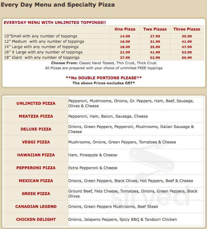 Canadian Pizza Unlimited menu in Airdrie, Alberta, Canada