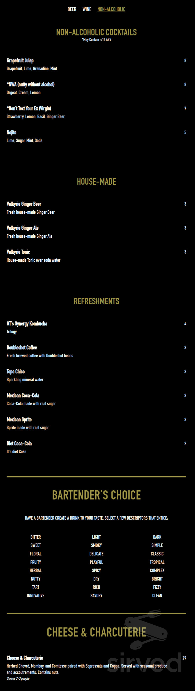 Valkyrie menu in Tulsa, Oklahoma, USA