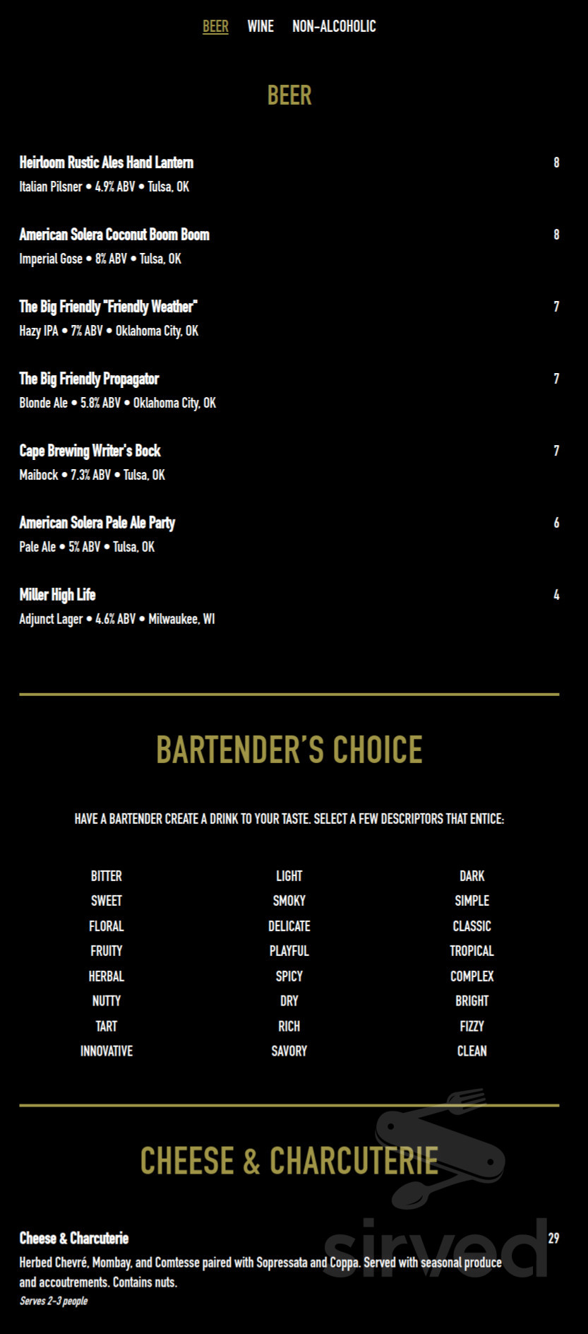 Valkyrie menu in Tulsa, Oklahoma, USA