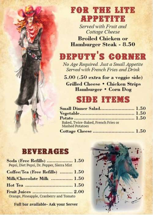 Casey's Cowtown Club menu in Dodge City, Kansas, USA