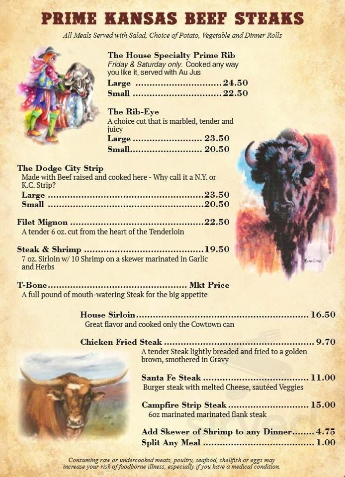 Casey's Cowtown Club menu in Dodge City, Kansas, USA
