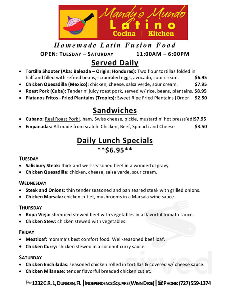 Menu - Dunedin FL's Mandy's Mundo - Kitchen Latino Cocina | Sirved