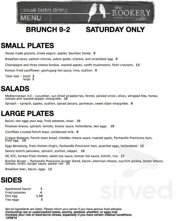 Menu for The Rookery Cafe in Juneau, AK | Sirved