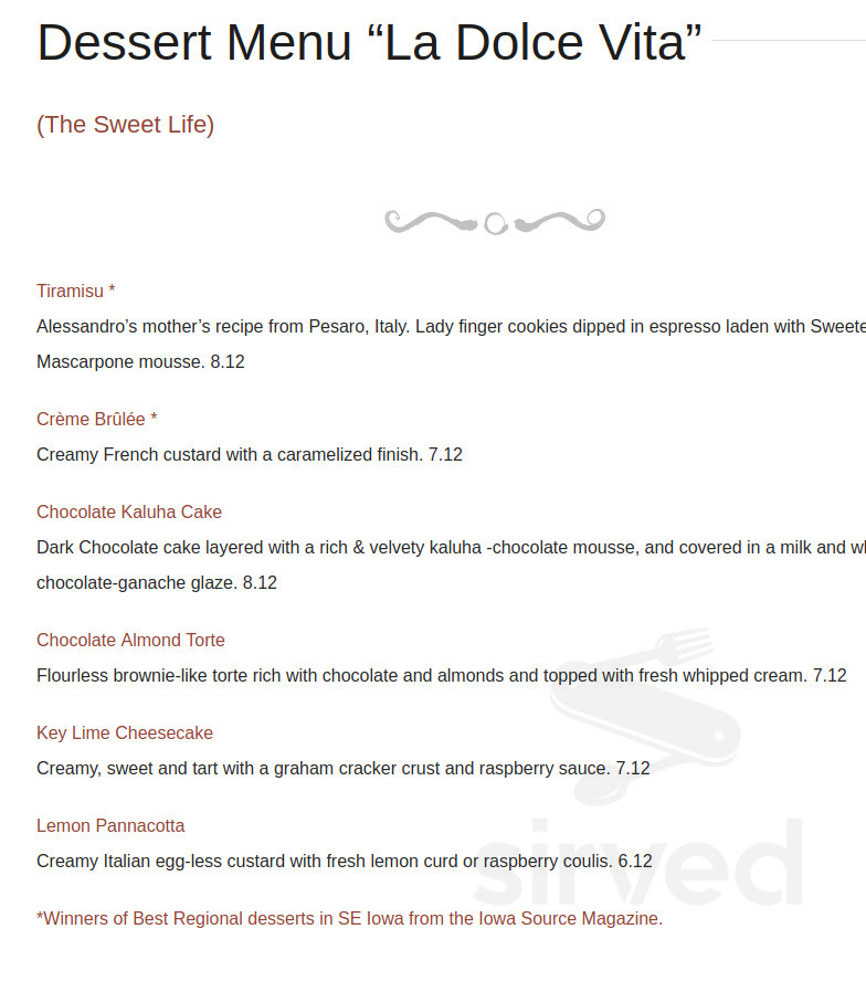 Menu for Café Dodici in Washington, Iowa, United States