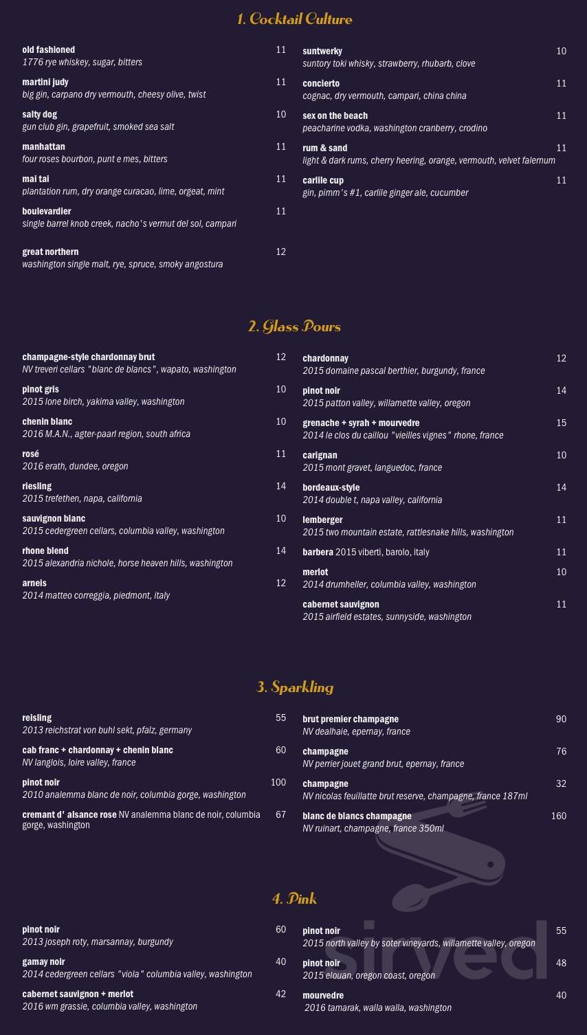 The Carlile Room menu in Seattle, Washington, USA