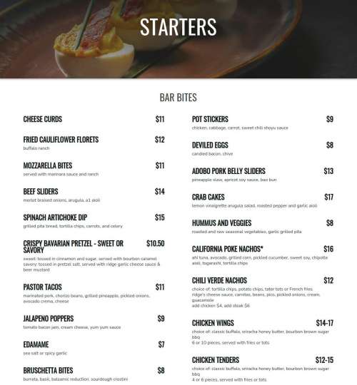 The Ridge Bar & Grill menu in Las Vegas, Nevada, USA