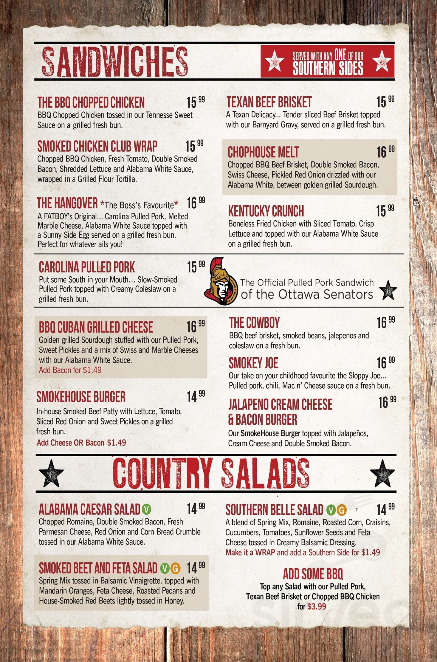 Fatboys Southern Smokehouse menu in Ottawa, Ontario, Canada