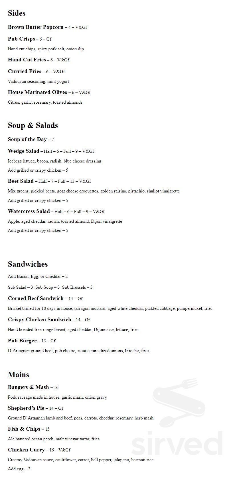 The Red Lion Pub menu in Chicago, Illinois, USA