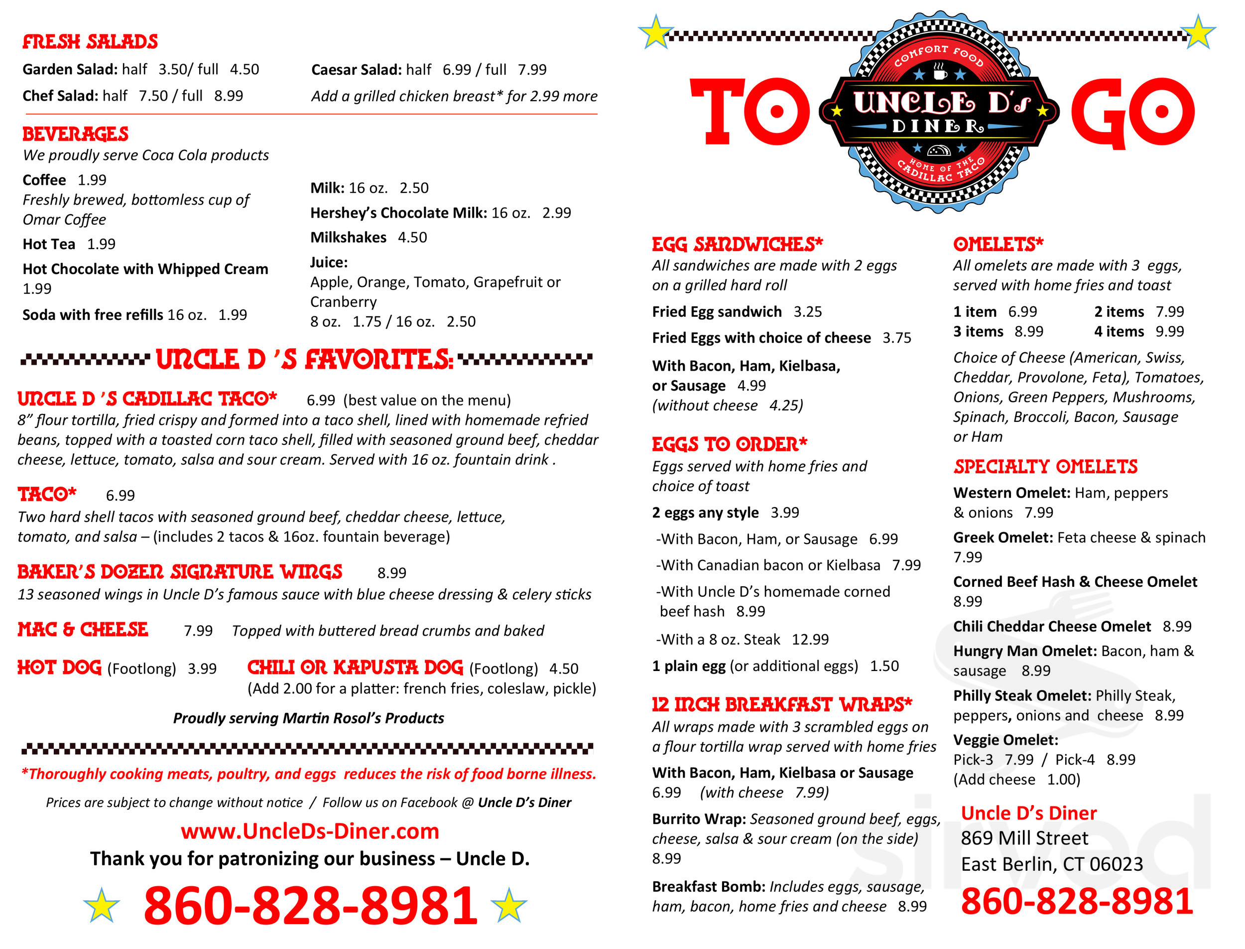 Menu for Uncle D's Diner in East Berlin, CT | Sirved