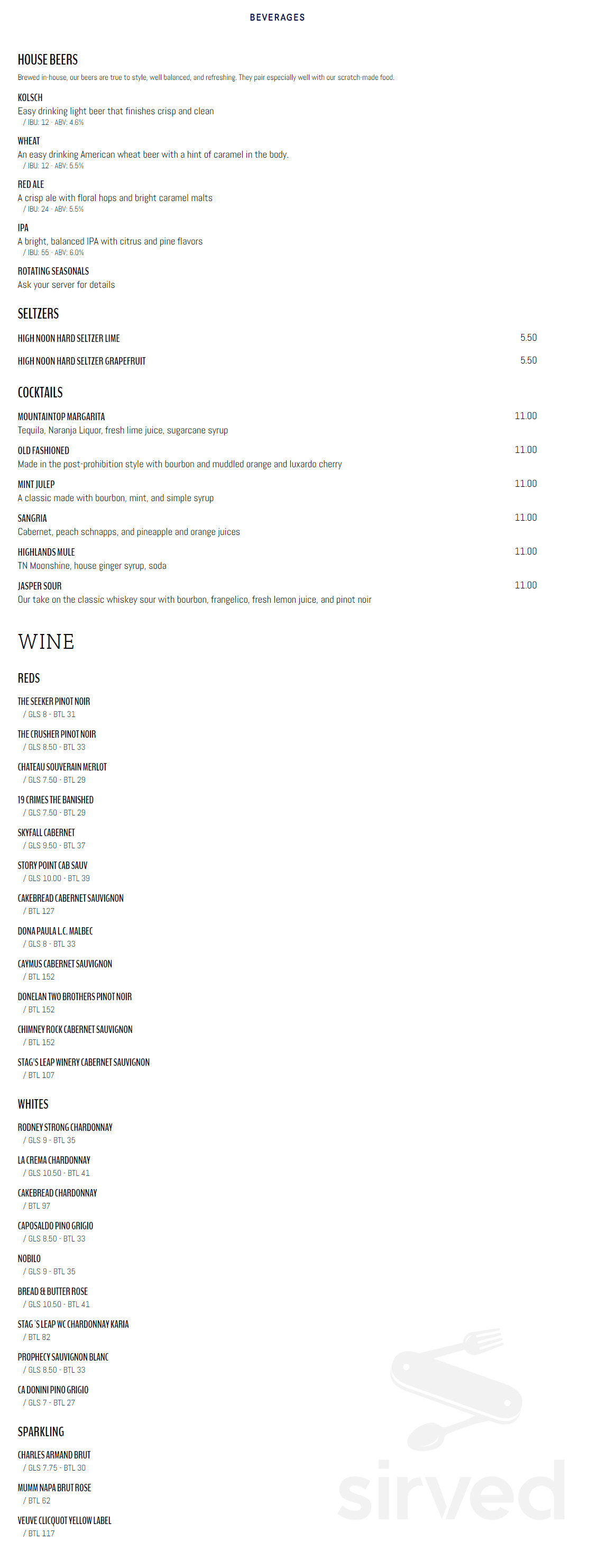 Menu for Top of the Rock Restaurant and Brewery in Jasper, TN | Sirved