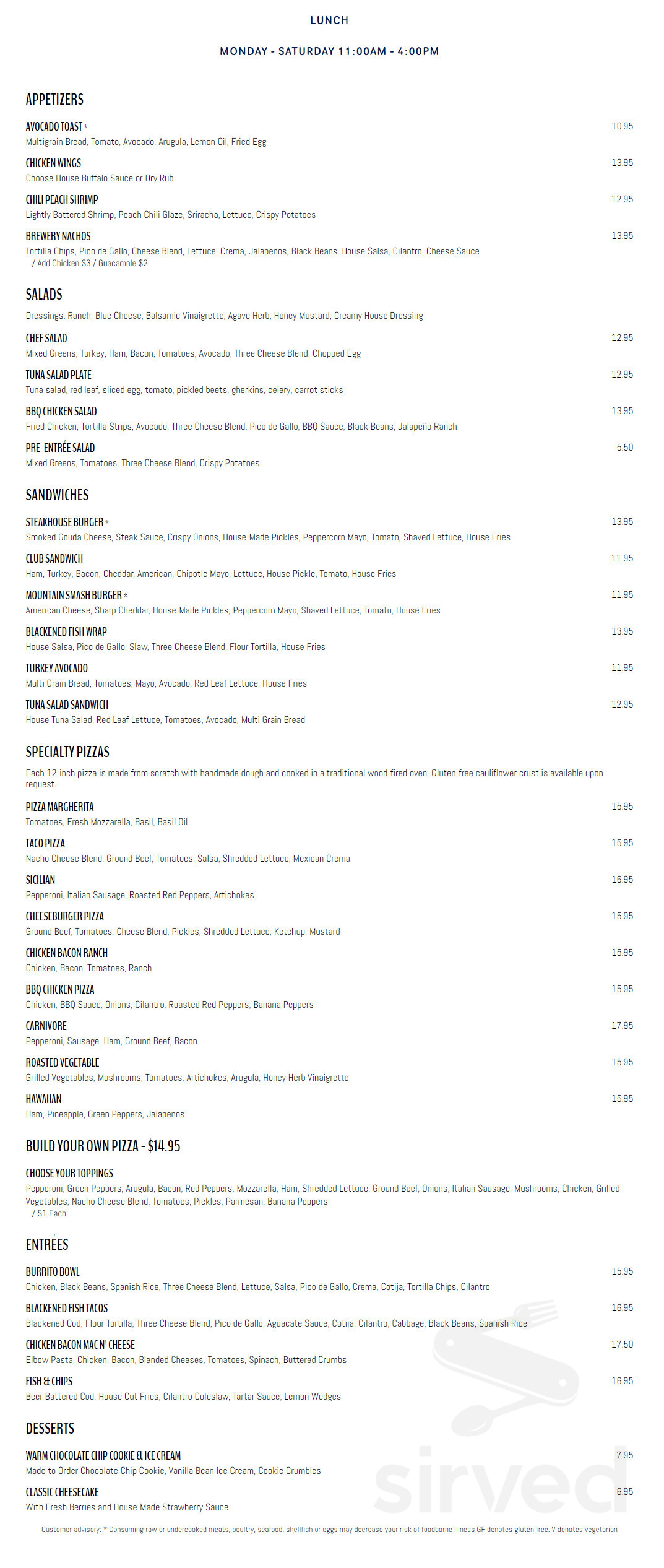 Menu for Top of the Rock Restaurant and Brewery in Jasper, TN | Sirved