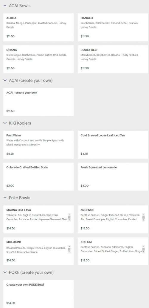 Kiki's Fresh Bowls menu in Evergreen, Colorado, USA