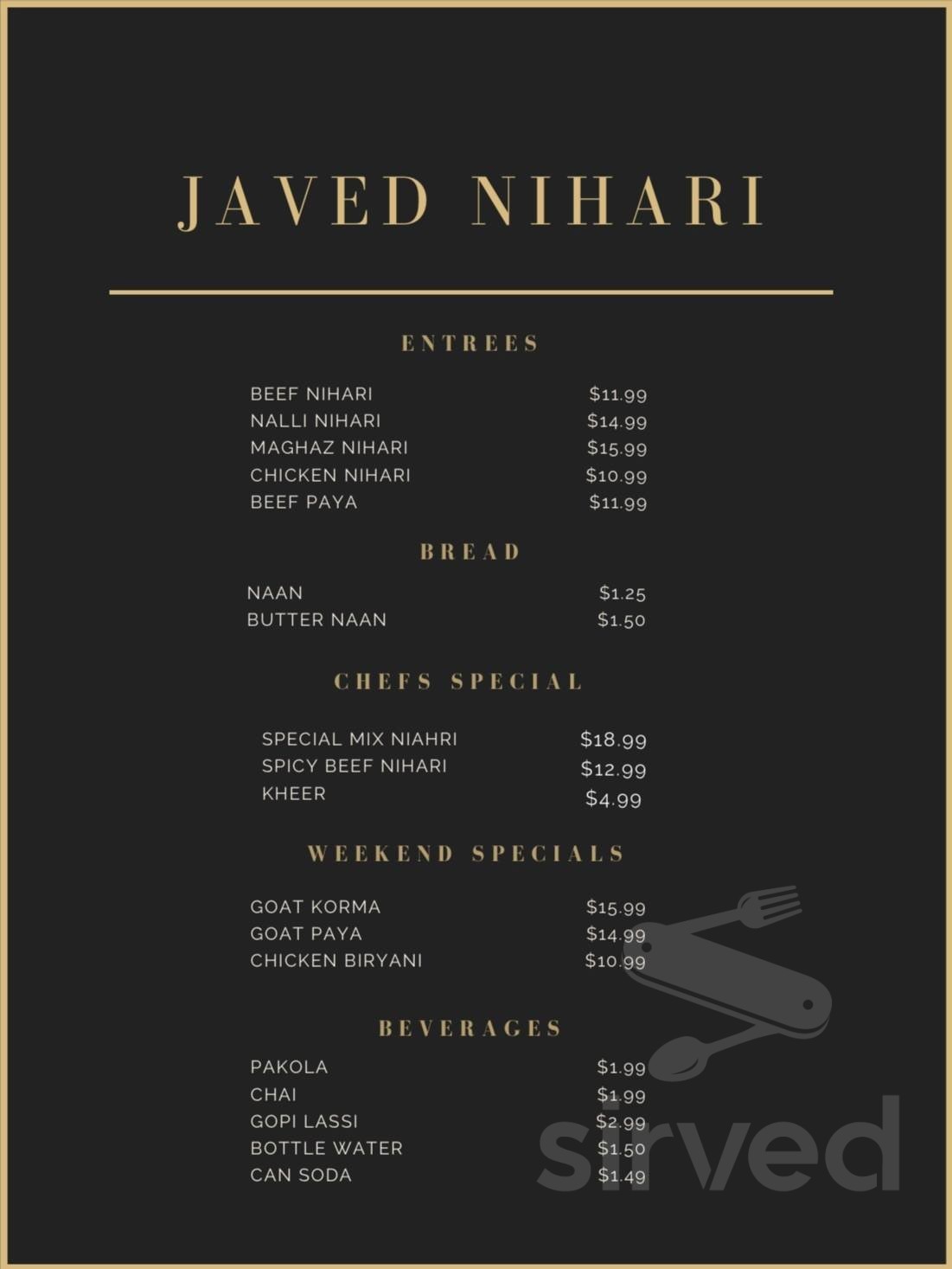 Menu for Javed Nihari Restaurant in Houston, TX | Sirved