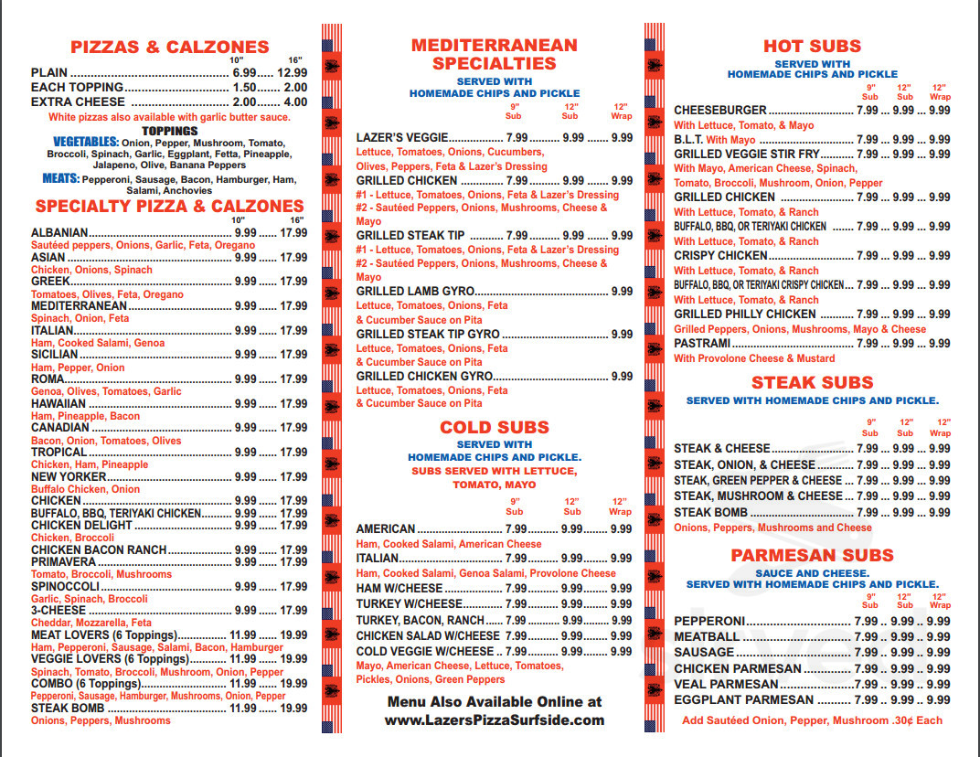 Lazer's Pizza menu in Surfside Beach, South Carolina, USA