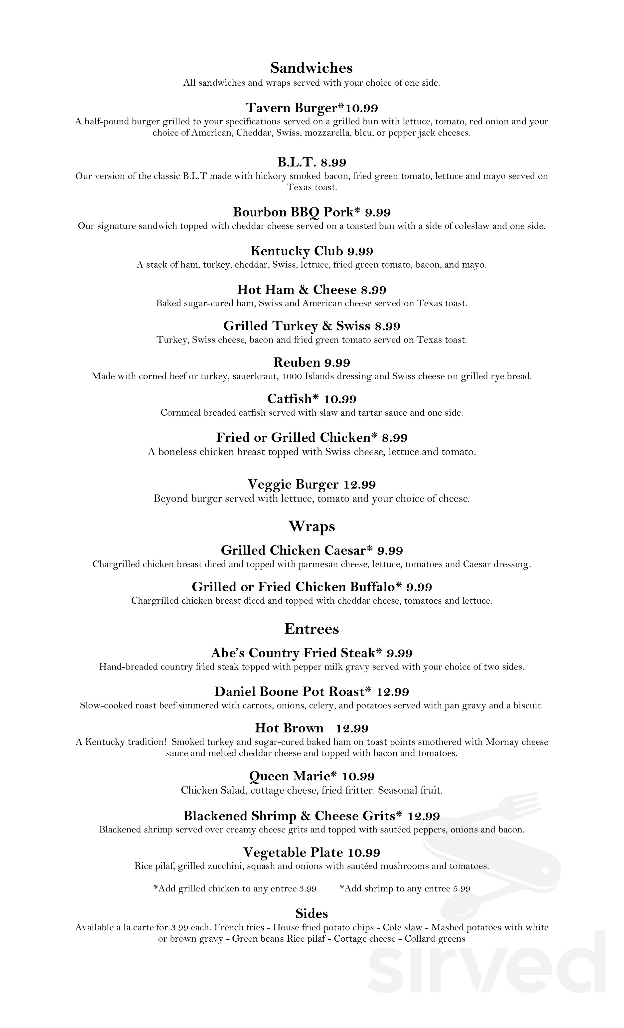 Old Talbott Tavern menu in Bardstown, Kentucky, USA