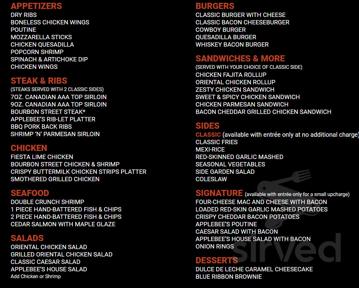 Applebee's Grill + Bar - Clifton Hill menu in Niagara Falls, Ontario ...