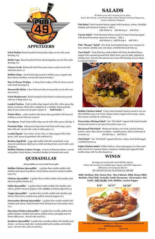 Pub 49 Pizza menu in Harrisburg, North Carolina, USA