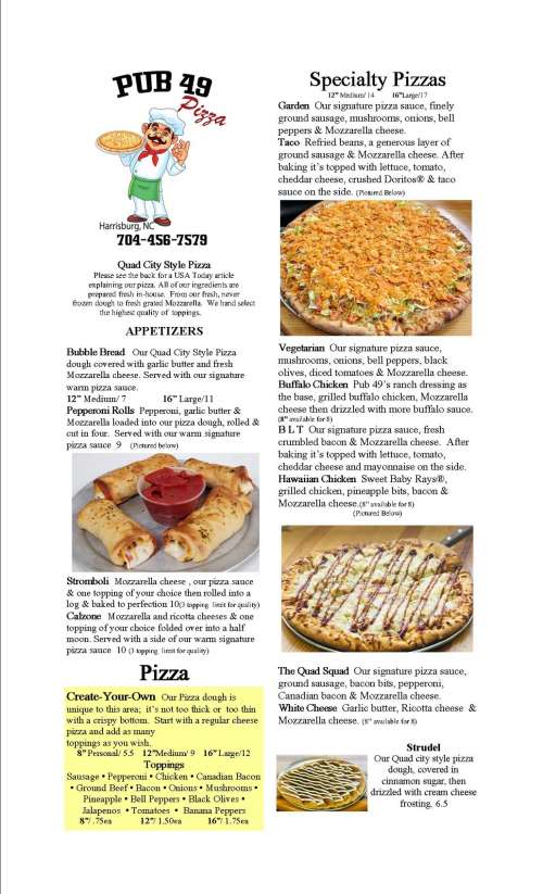Pub 49 Pizza menu in Harrisburg, North Carolina, USA