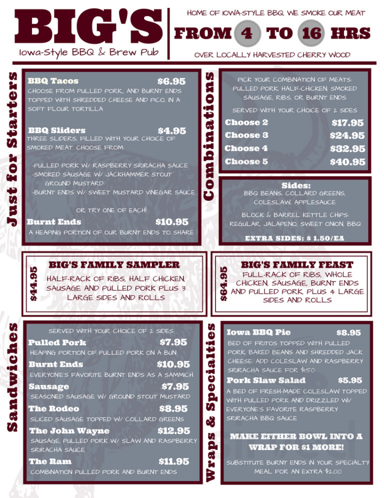 Big's BBQ & Brew Pub menus in Mt Vernon, Iowa, United States