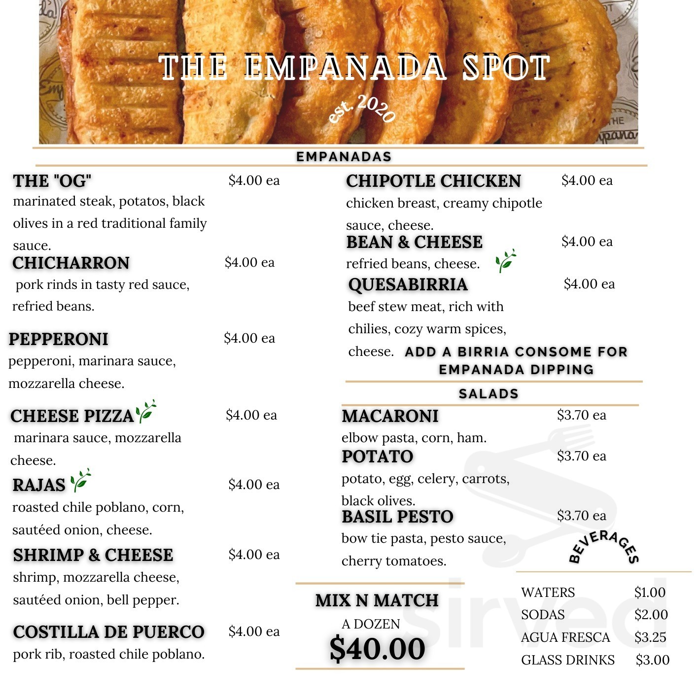 The Empanada Spot menu in Chula Vista, California, USA