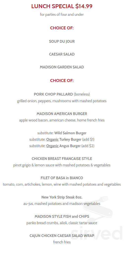 Menu - Hauppauge NY's Madison Steak House | Sirved