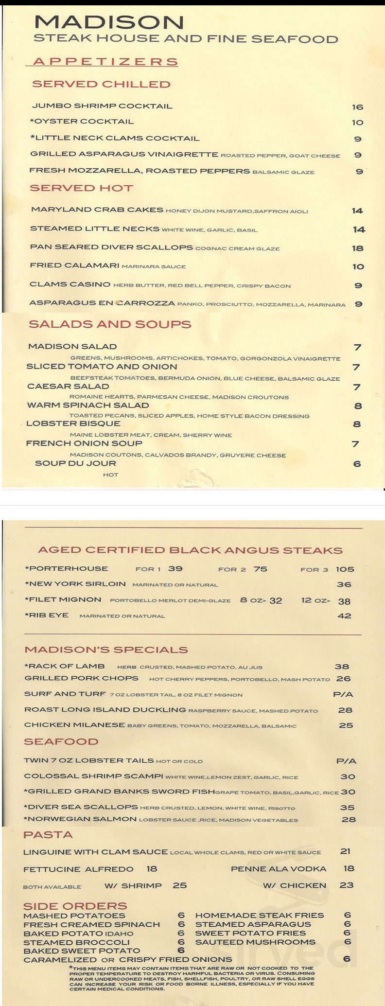 Menu - Hauppauge NY's Madison Steak House | Sirved