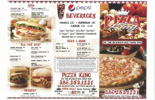 Pizza King menu in Daytona Beach, Florida, USA