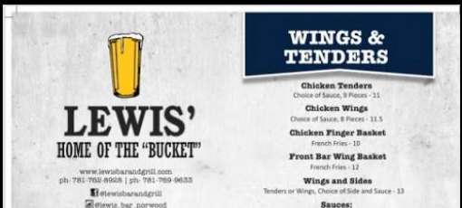 Menu for Lewis' Restaurant & Grille in Norwood, MA | Sirved