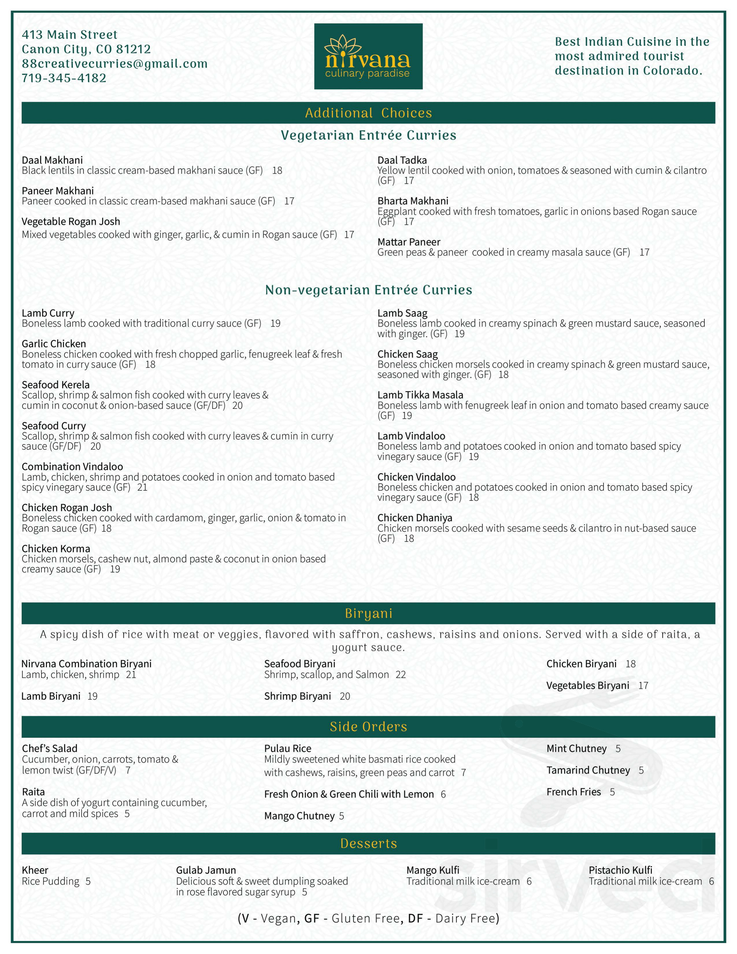 NIrvana menus in Cañon City, Colorado, United States