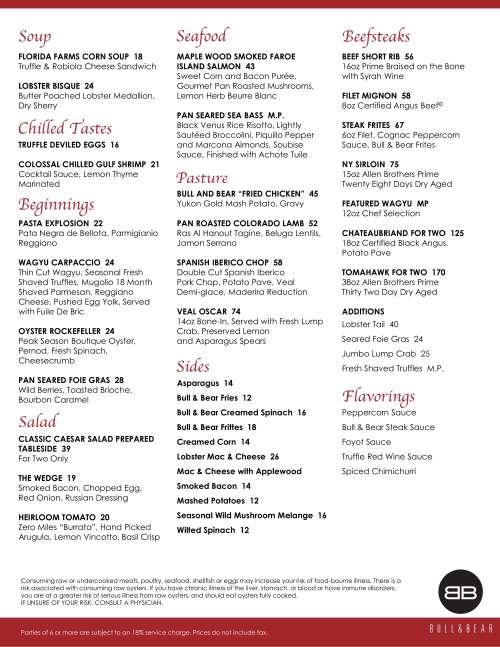 Bull & Bear menu in Orlando, Florida, USA