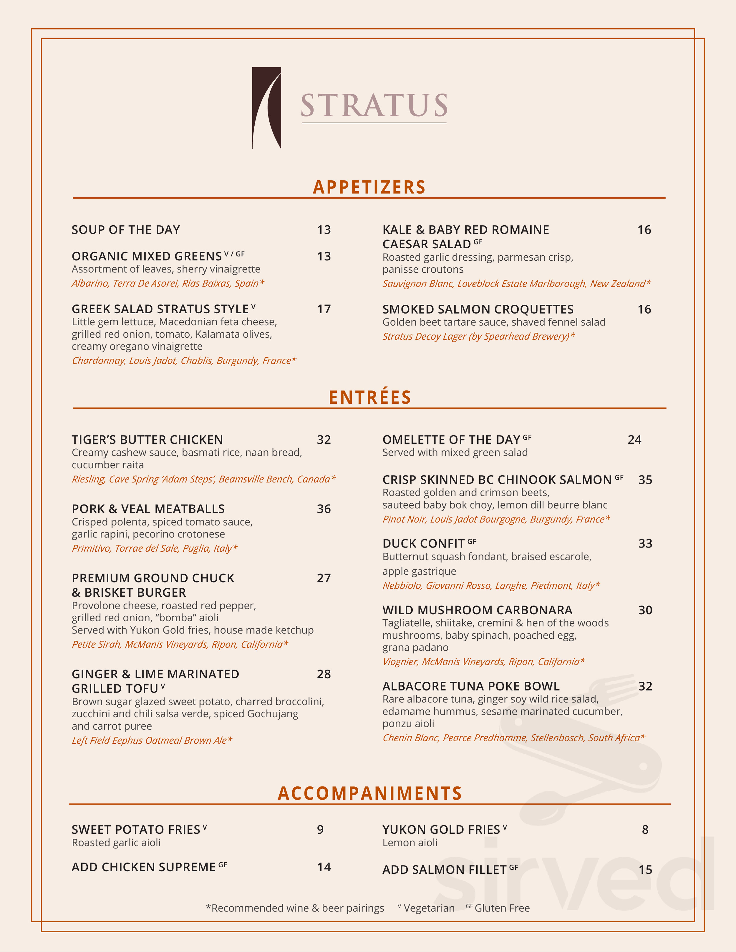 Menu for Stratus in Toronto, ON | Sirved