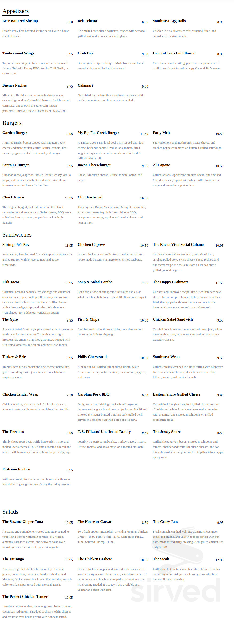 Timberwood Grill menu in Charlottesville, Virginia, USA