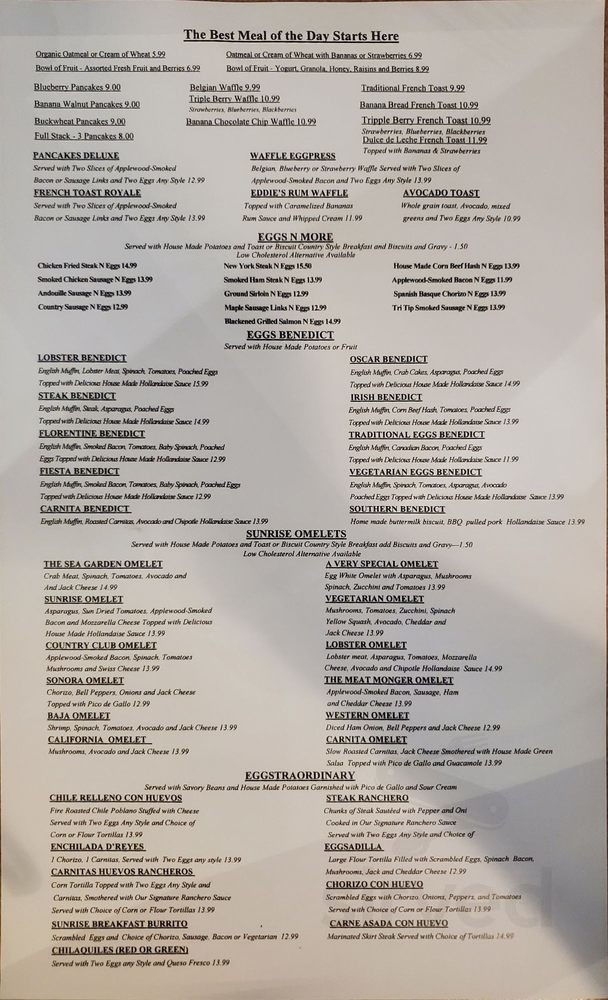 Sunrise Cafe menu in Reno, Nevada, USA