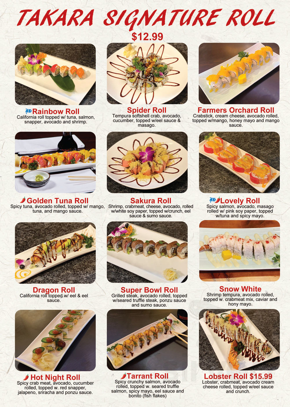 Takara Japanese Restaurant menus in Fort Worth, Texas, United States