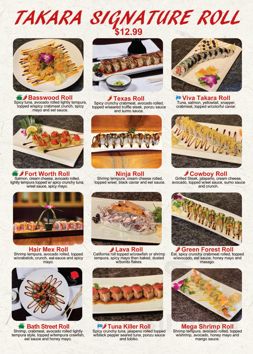 Takara Japanese Restaurant menus in Fort Worth, Texas, United States