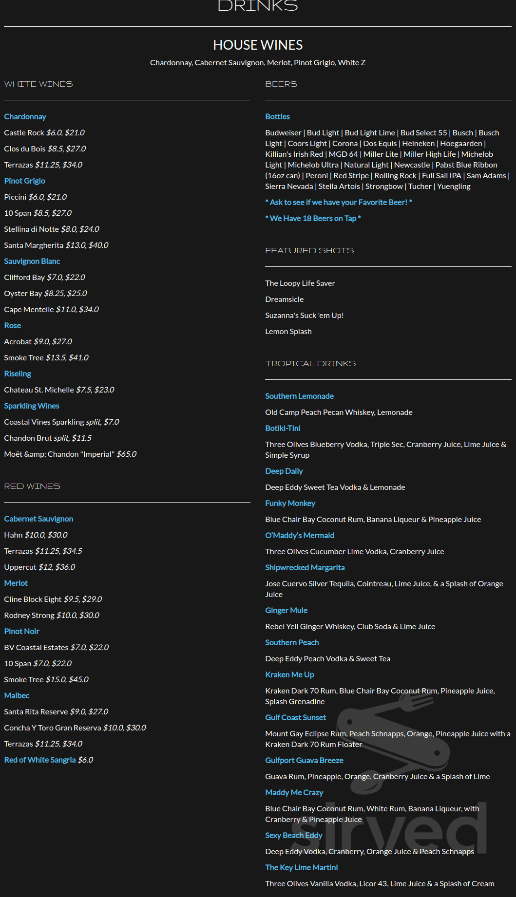 O'Maddy's Bar & Grille menu in Gulfport, Florida, USA