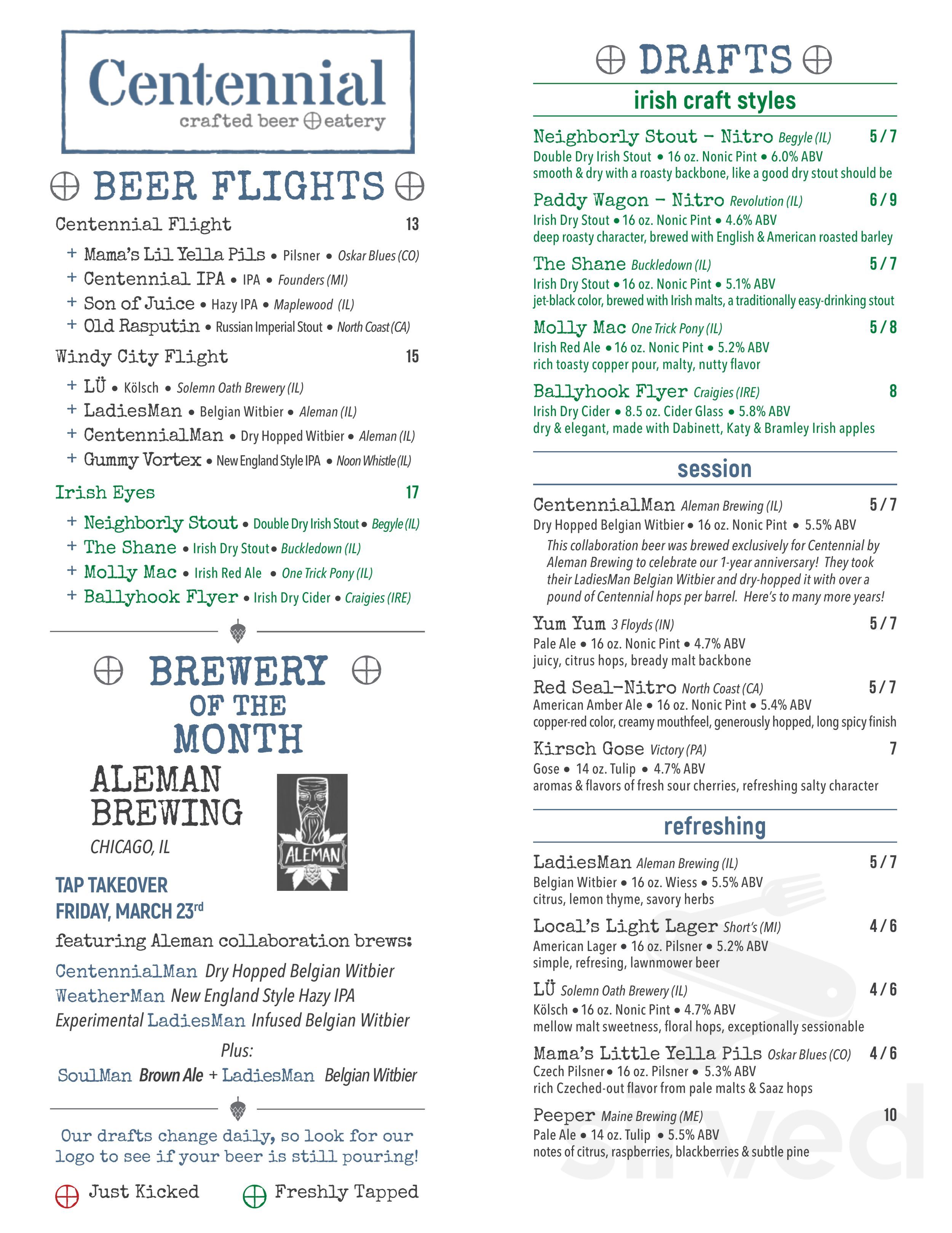 Centennial Crafted Beer & Eatery menu in Chicago, Illinois, USA