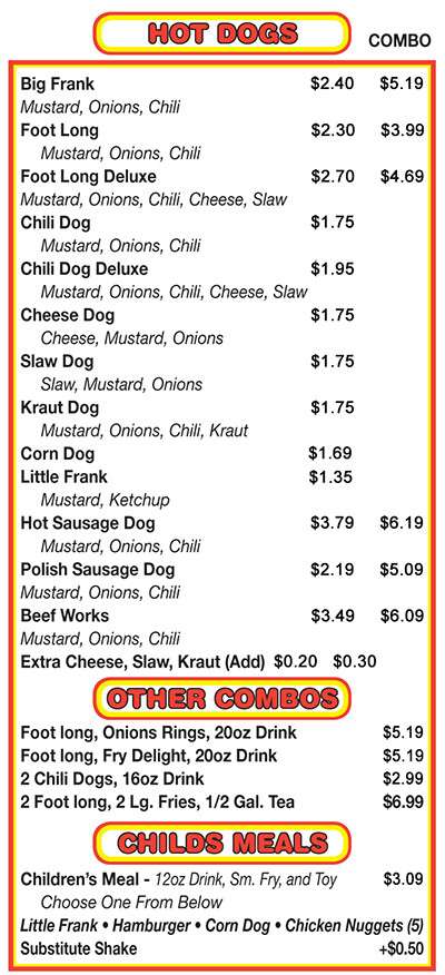 Wiener Works menu in Fayetteville, North Carolina, USA