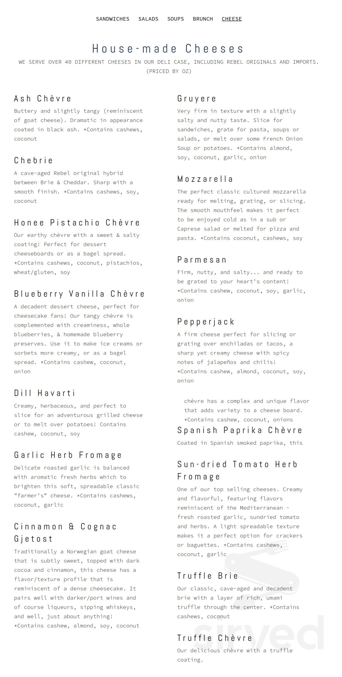 Rebel Cheese menu in Austin, Texas, USA