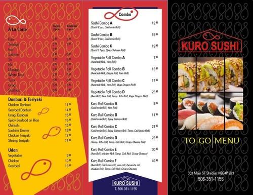 Kuro sushi menu in Shediac, New Brunswick, Canada